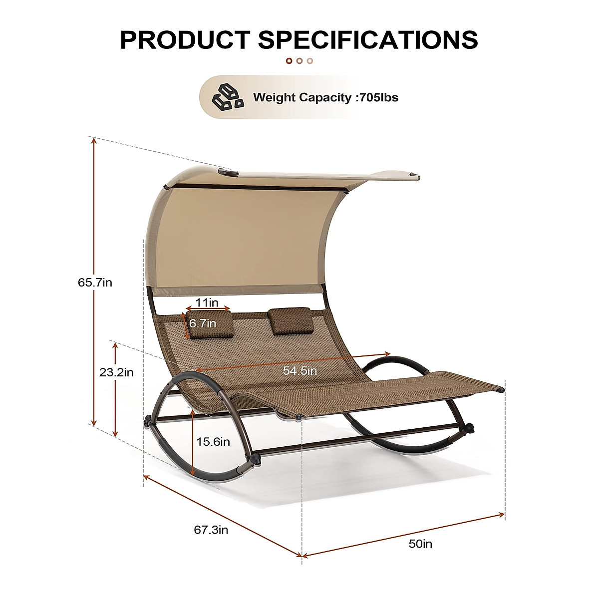 Crestlive Products Outdoor Double Chaise Lounge Chair with Canopy & Wheels, 2 Person Patio Rocking Lounge Chair with Sun Shade & Headrests for Garden, Backyard, Poolside (Brown)