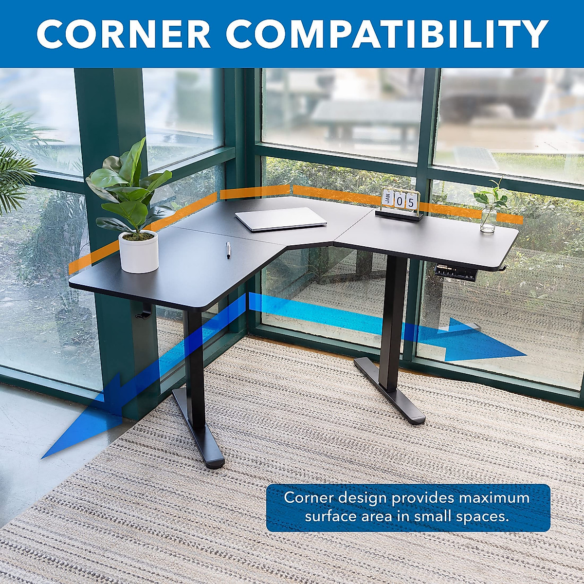 Mount-It! Electric Height Adjustable Corner Stand Up Desk, Black Steel Frame L-Shaped Standing Workstation for Corners, Automatic Sit Stand Desk, Smoothly Raises from 28.3" to 47.2", Home Office