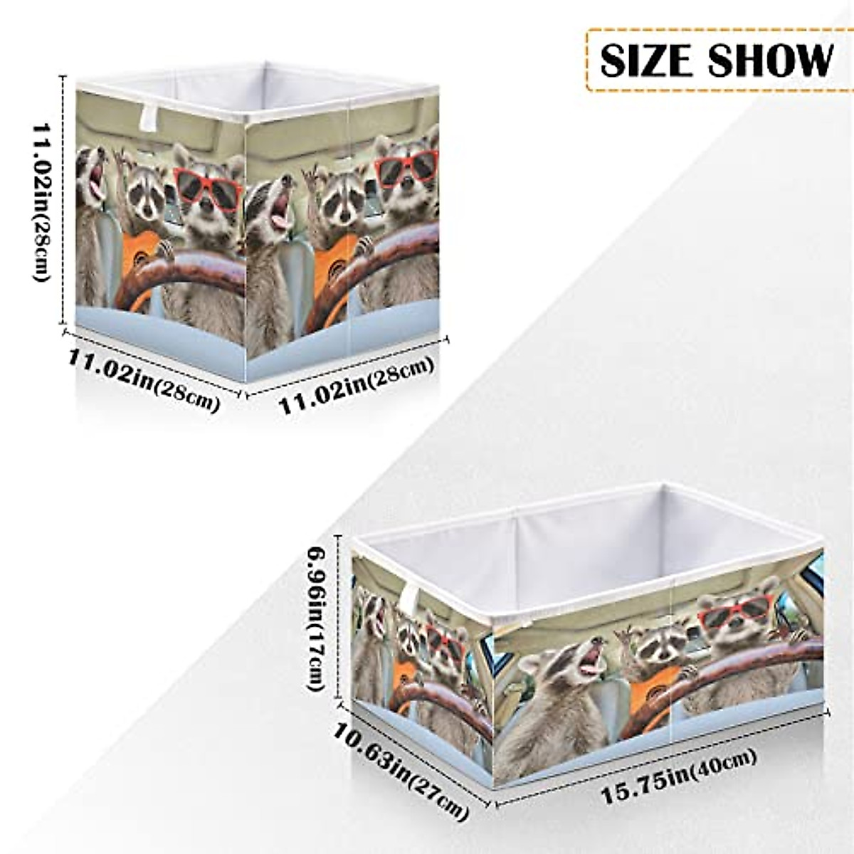 Funny Raccoon Guitar Storage Baskets for Shelves Foldable Collapsible Storage Box Bins with Fabric Bins Cube Toys Organizers for Pantry Organizing Shelf Nursery Home Closet,11 x 11inch