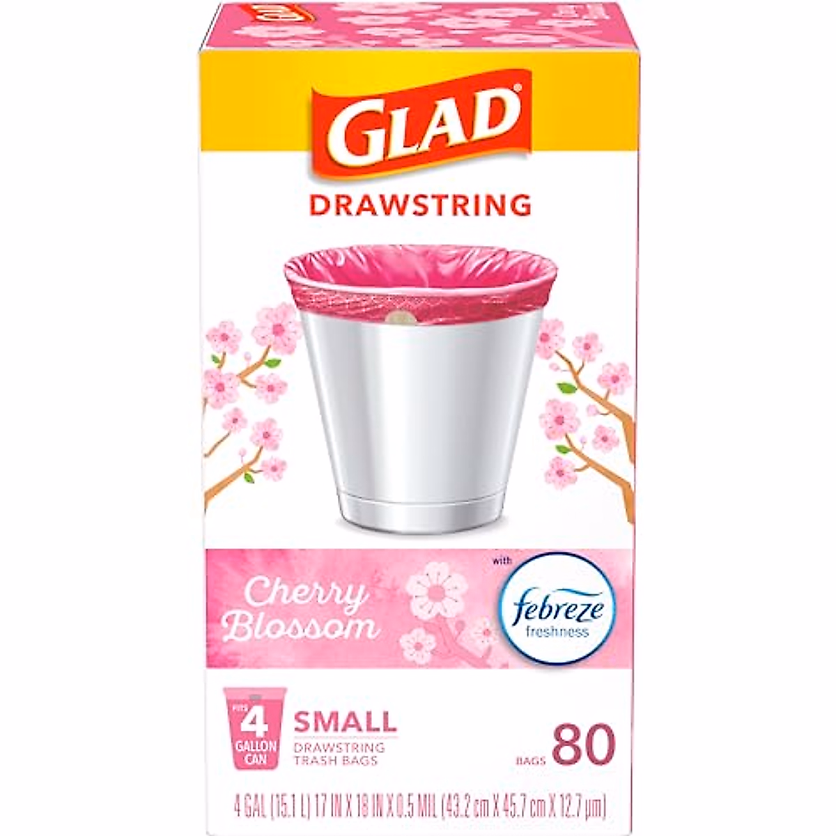 Glad Odorshield Small Drawstring Trash Bags, 4 Gal, Pink, Cherry Blossom, 80 Ct, Pack May Vary