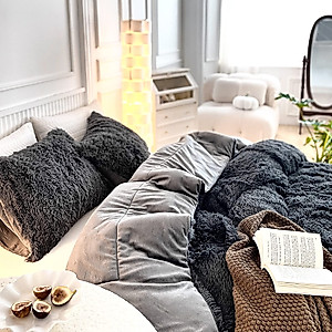 Shaggy Comforter Set Black Queen Size 3 Pieces Winter Faux Fur Comforter Set with 2 Pillowcases Ultra Soft and Easy Care Luxury Plush Warm Super Fleece Velvet Flannel Bedding Set