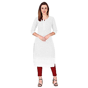 ladyline Womens Georgette Chiffon Chickankari & Sequins Work Kurti Tunic Kurta (White, 40)