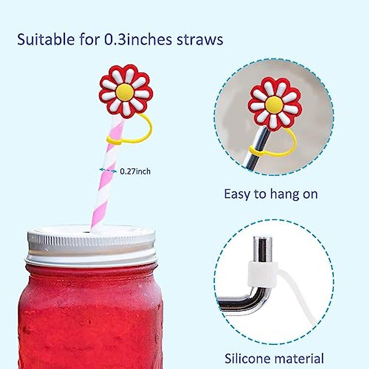 BUKBUVLO Straw Cover Cap Set of 8, Flower Reusable Silicone Straw Topper Compatible with Stanley 30 oz 40 oz Tumbler, 7-8mm Straw Top Covers for Wate Cups Accessories (Color D-8pcs)