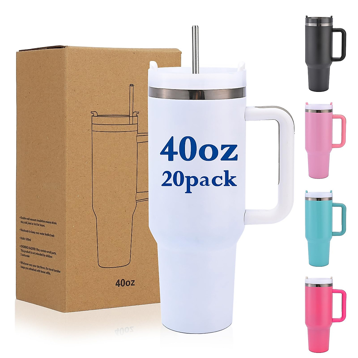 BATTUP 40 OZ Tumblers With Handle Bulk Stainless Steel Double Wall Vacuum Insulated with Lid and Straw Grey Mouth Mixed Colors 20 Pack