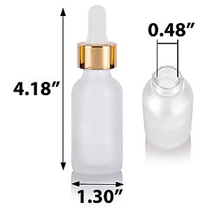 JUVITUS 1 oz Clear Frosted Glass Boston Round Bottle with Gold Metal Dropper (24 pack) + Funnel