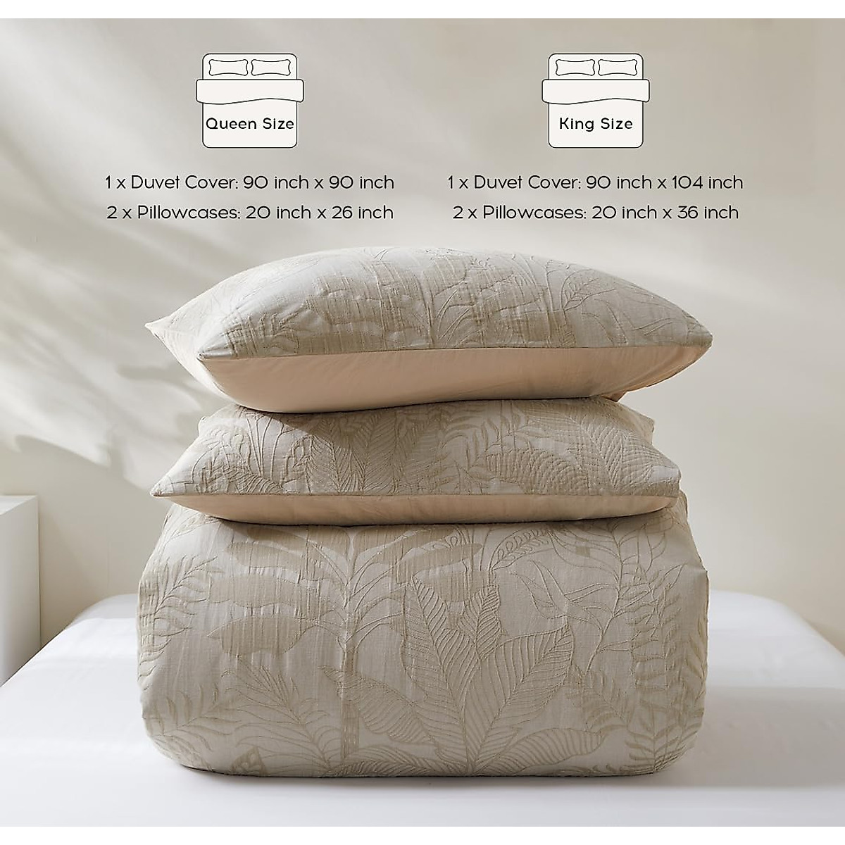 TUMEI Duvet Cover King, Jaguard Floral Duvet Cover King Size, Linen Cotton Blend Floral Leaf Patten Duvet Cover Set with Zipper and 2 Pillowcases, Soft and Breathable Khaki Bedding Set (No Comforter)