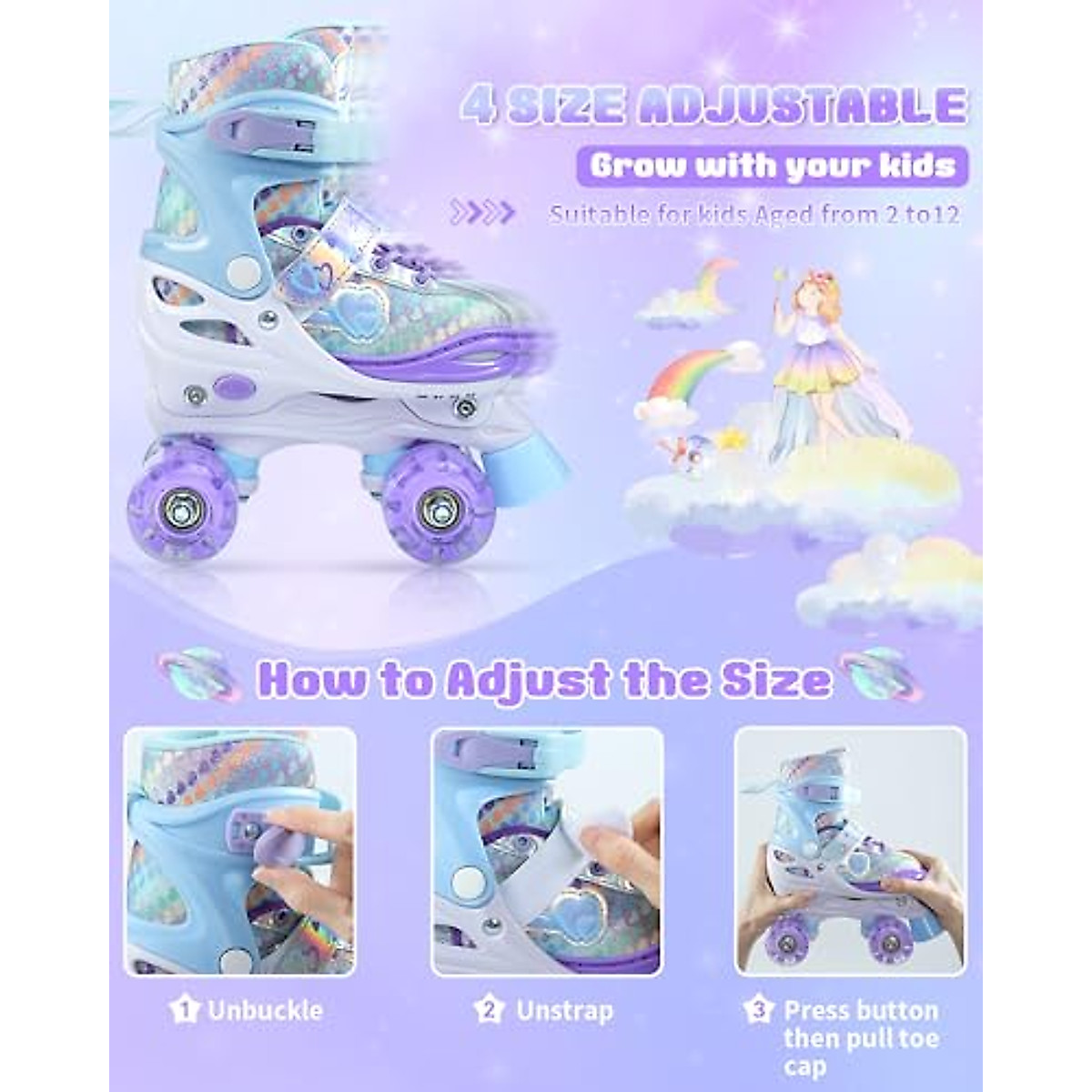 Sportneer Kids Roller Skates, 4 Adjustable Light up Roller Skates for Girls Boys Kids Toddlers Beginners, Kids Skates with Protective Gear Set Gift for Indoor & Outdoor Use