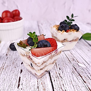 Hiasobre 100 Pack 2 oz Mini Dessert Cups with Spoons, Square Clear Plastic Appetizer Cups, Reusable Parfait Cups, Small Dessert Bowls for Serving Fruit Ice Cream Pudding Yogurt