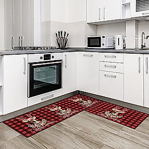 Miaklek Merry Christmas Kitchen Mats for Floor Anti Fatigue Mats for Kitchen Floor Kitchen Rugs Cushioned Mats Non Slip Comfort Standing Kitchen Rugs Set of 2, Xmas Elk Holiday Red Black Check