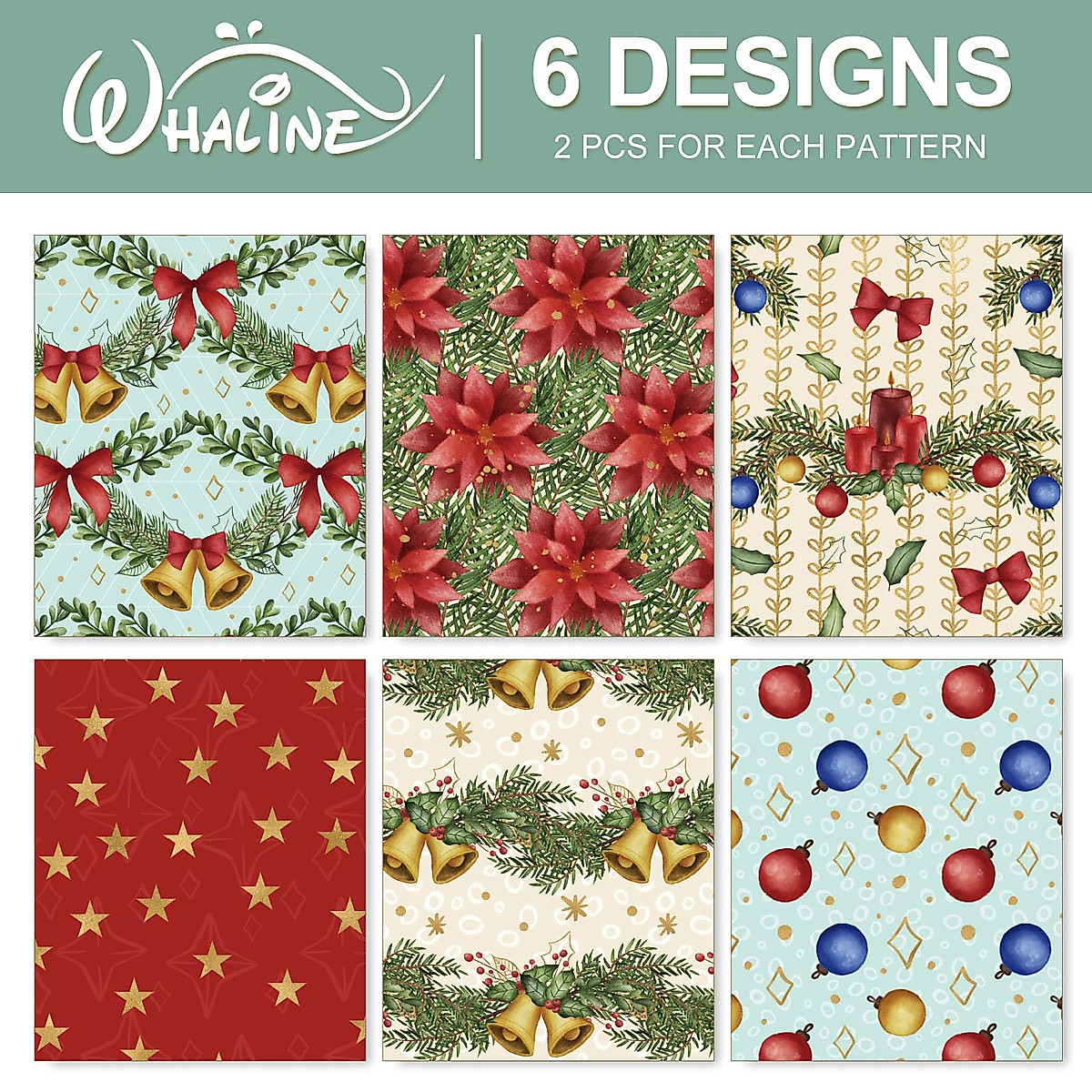 Whaline 12Pcs Christmas Wrapping Paper Watercolor Holly Bell Gift Wrap Paper Bulk Folded Flat Blue Red Decorative DIY Craft Paper, 20 x 28 Inch