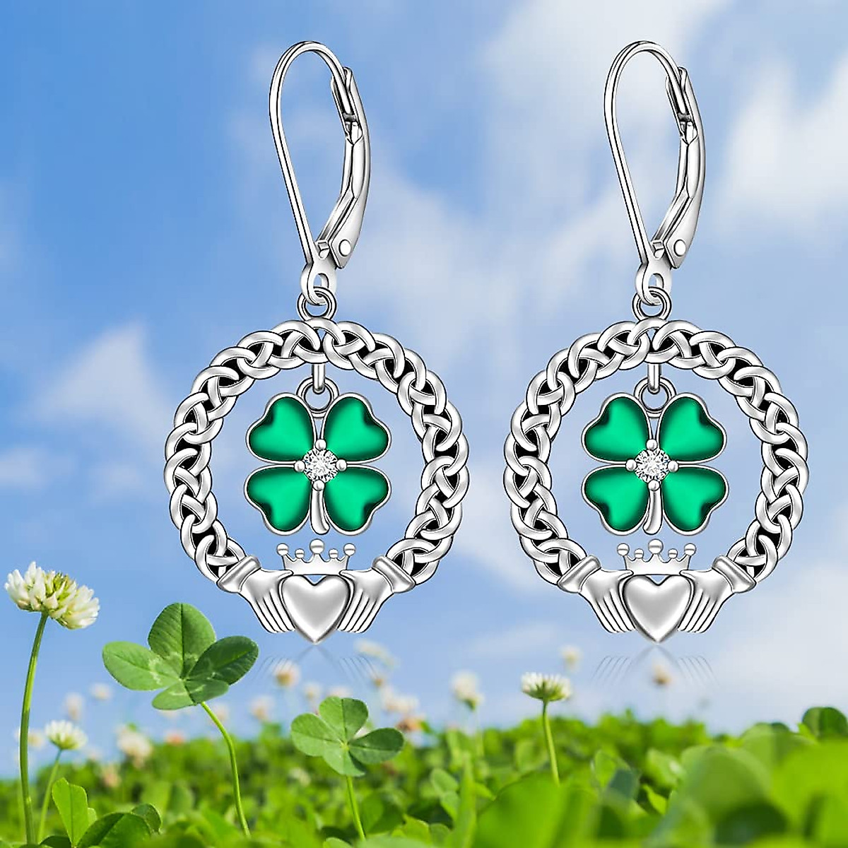 St Patricks Day Shamrock Earrings for Women Sterling Silver Four Leaf Clover Earrings Celtic Claddagh Irish Shamrock Dangle Green Lucky Jewelry Valentine Gifts
