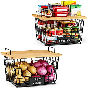 2 Set Kitchen Counter Basket with Bamboo Top - Pantry Cabinet Organization and Storage Wire Basket - Countertop Organizer for Produce, Fruit, Vegetable (Onion, Potato), Bread, K-Cup Coffee Pods