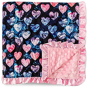 Top Tots Baby Blanket - Small Colored Hearts with Pink Minky Dot & Satin Ruffle, 31 x 31 Inch Blue