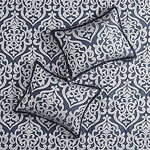 Madison Park Odette Cozy Comforter Set Jacquard Damask Medallion Design - Modern All Season, Down Alternative Bedding, Shams, Decorative Pillows, King(104 in x 92 in), Navy 8 Piece