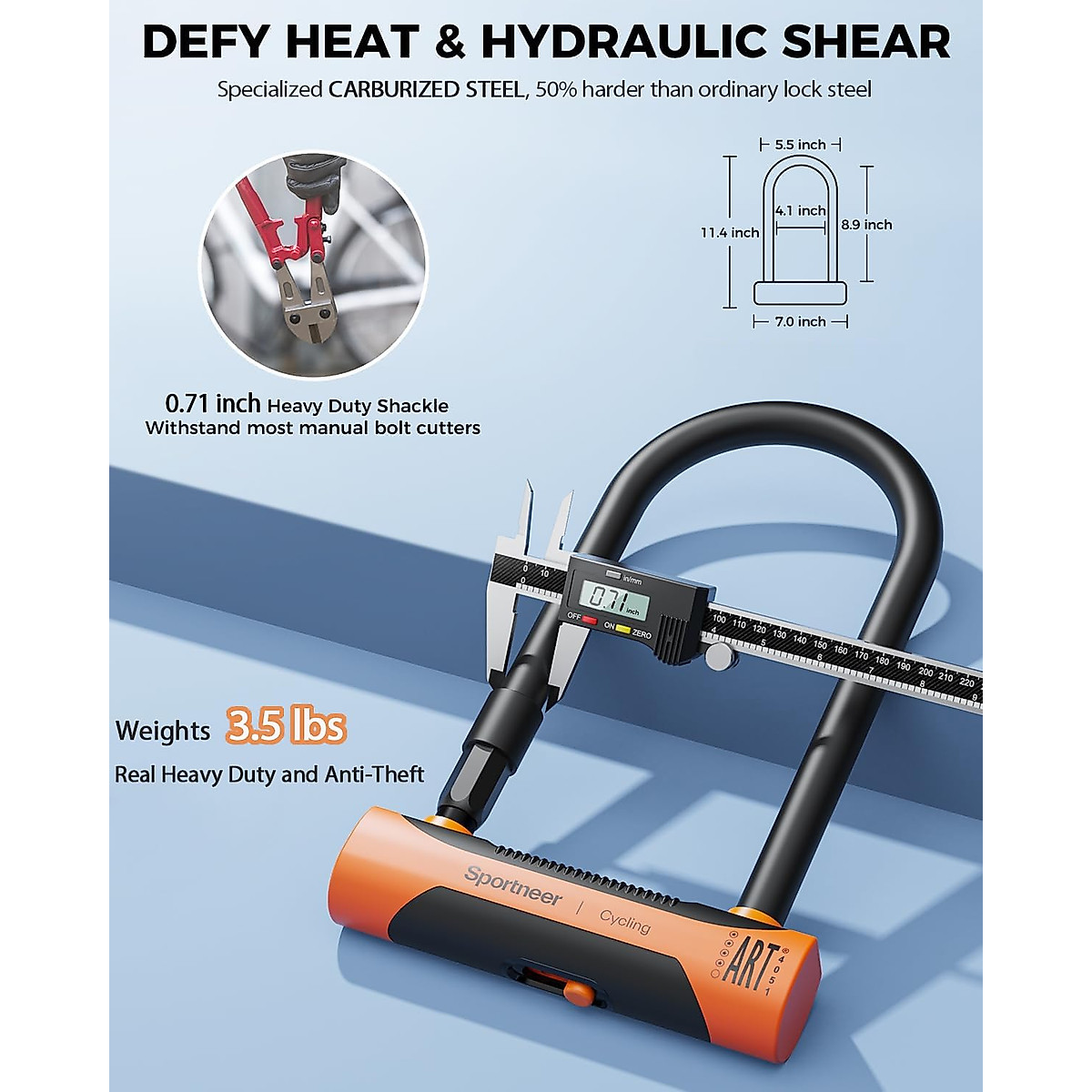 Sportneer Bike Lock - 18mm Shackle Heavy Duty Anti Theft Bike U Locks with 6ft Security Steel Cable - Bicycle U-Locks with Keys & Sturdy Mounting Bracket for Road, Mountain, Electric & Folding Bike