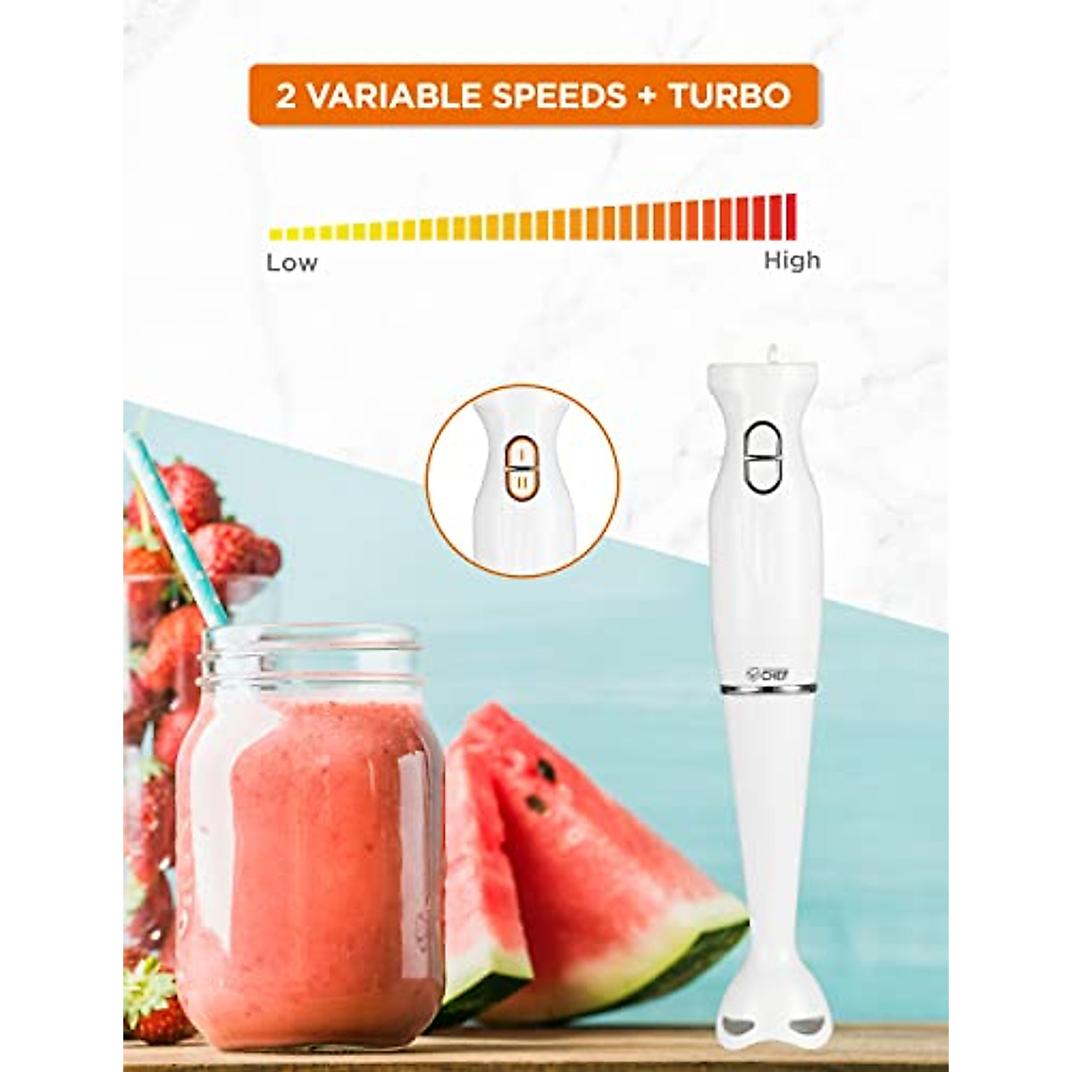 COMMERCIAL CHEF Immersion Blender, Hand Blender with Stainless Steel Blades, Immersion Blender with Quiet Motor, Electric Mini Blender for Delicious Food