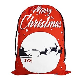 ulafbwur Hand Washable Santa Bag Reusable with Reindeer Sleigh Design Large 70x50cm Size Heavy Duty Cotton Material Festive Drawstring for Red