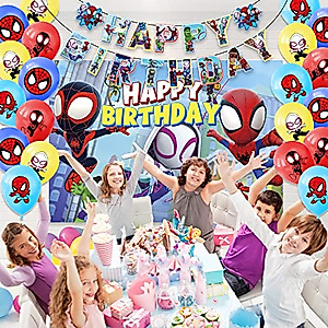 56PCS Spidey and His Amazing Friends Party Supplies,Spidey Happy Birthday Party Supplies Include Banner,Tablecloths,Masks,BackDrop, Ballon, Cake Topper and Cupcake Topper,Birthday Party Supplies Decorations for Boys and Girls