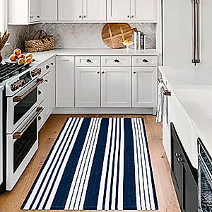 OJIA Blue and White Outdoor Rug 3’x 5‘ Cotton Hand Woven Striped Front Porch Rug Machine Washable Indoor Outdoor Rugs Farmhouse Layered Door Mat for Entryway/Kitchen/Laundry/Living Room/Bathroom