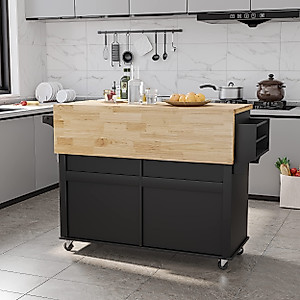Squireewo Kitchen Cart with Wood Top and Drop Leaf Breakfast Bar, Rolling Mobile Kitchen Island Table on Wheels with Drawer and Storage Cabinet, Spice Rack, Towel Rack, Black