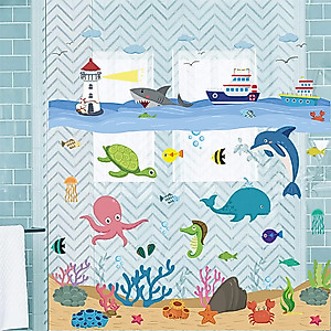 Cartoon Octopus Turtle Whale Grass Seaweed Wall Decals, Under The Sea Wall Decal Stickers, Removable Vinyl Baby Nursery Wall Decor Mural Art for Kids Girls Boy Nursery Bedroom Bathroom