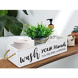 Msyueos Wash Your Hands Toilet Tank Basket Wooden Toilet Paper Basket Storage Box with 2 Sides Signs Toilet Basket Bathroom Decor Box Home Toilet Decor White Basket for Bathroom