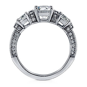 BERRICLE Sterling Silver 3-Stone Wedding Engagement Rings Round Cubic Zirconia CZ Art Deco Promise Ring for Women, Rhodium Plated Size 9