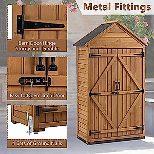 DetalleGo Outdoor Wooden Storage Cabinet, Storage Shed with 3 Detachable Shelves, Lockable Wooden Garden Shed with Waterproof Roof, Outside Vertical Tall Tool Shed for Yard Patio Lawn Deck (Natural)