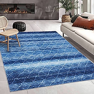 COZYLOOM Geometric Rug, Modern Cross Lines Area Rug Abstract Distressed Floor Mat Indoor Vintage Thin Rug Chenille Non-Slip Carpet for Living Room Bedroom Dining Room Entry Blue 4 x 6 FT