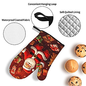 Oven Mitts and Pot Holders Set of 4 Happy Christmas Print Kitchen Oven Glove Fashion Heat Resistant Oven Gloves Set for BBQ Grill Baking Cooking Oven Microwave
