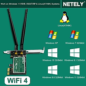 NETELY Wireless N Dual Band 600Mbps 2-Stream PCIE WiFi Adapter for Desktop PCs, PCIE WiFi Card, 2.4GHz 300Mbps and 5GHz 300Mbps, Qualcomm Atheros Wireless Network Adapter(NET-N600)