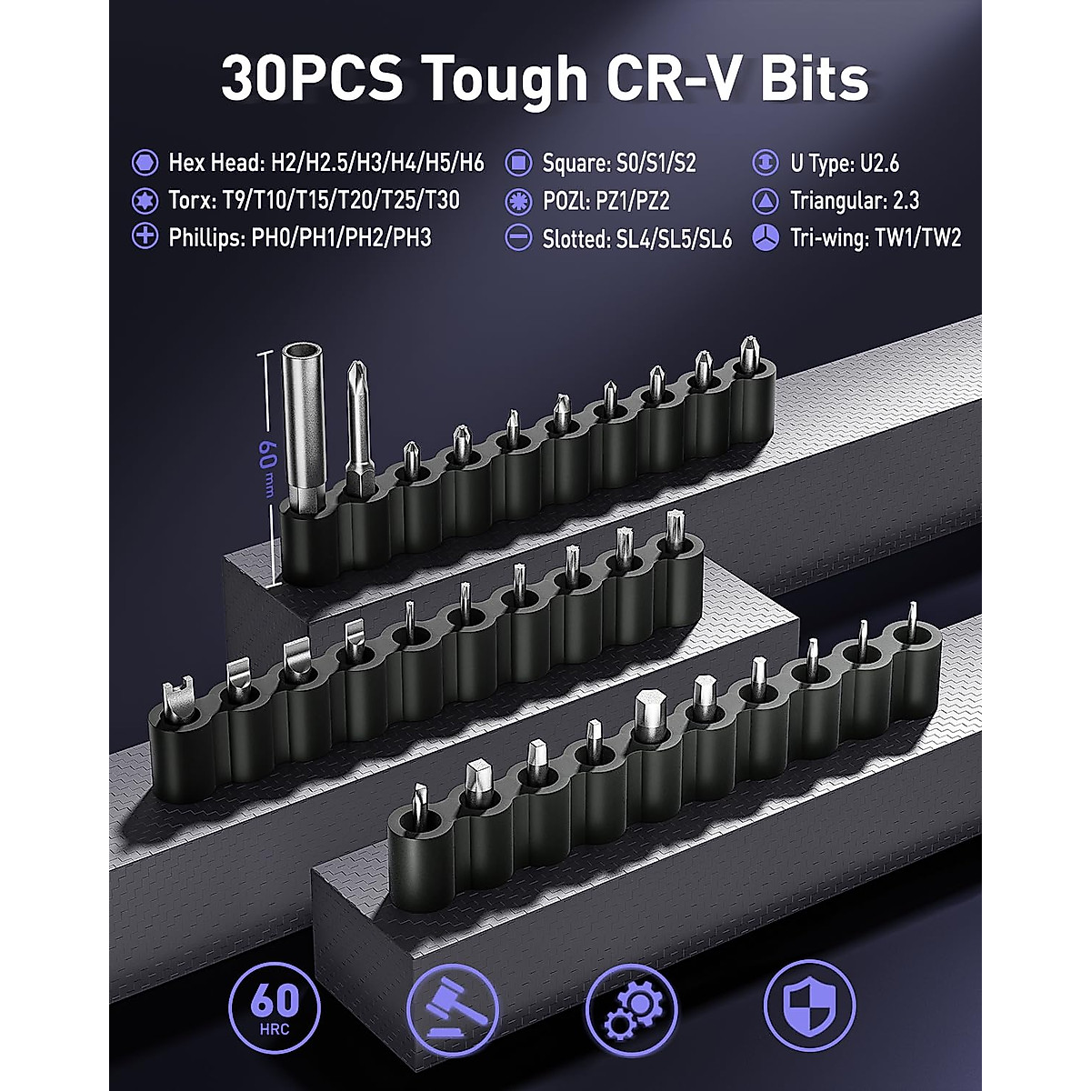 Electric Cordless Screwdriver with LED Display, 6 Torque Small Power Screwdriver, 30 Magnetic Bits, LED Light, 2200mAh USB Rechargeable Lithium-ion Battery for Home, Office, Apartment Repair - Purple