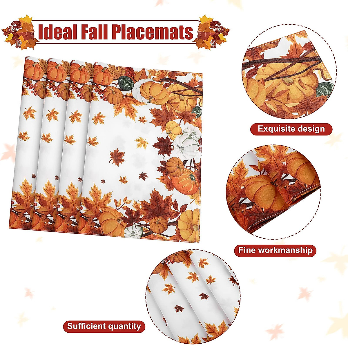 Ruisita 6 Pieces Fall Autumn Placemats 18 x 13 Inch Thanksgiving Placemats Table Mats Maple Leaves Pumpkin Placemat for Kitchen Decoration for Thanksgiving Parties Decoration