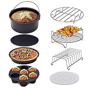 Ultra Cuisine Air Fryer Accessories, Set of 8 - Fits 3.2QT – 5.8QT Deep Fryer - 8 Inch Cake Pan, Pizza Pan, Silicone Mat, Multi-Purpose Rack, Metal Stand - BPA Free, Dishwasher Safe, Easy to Clean