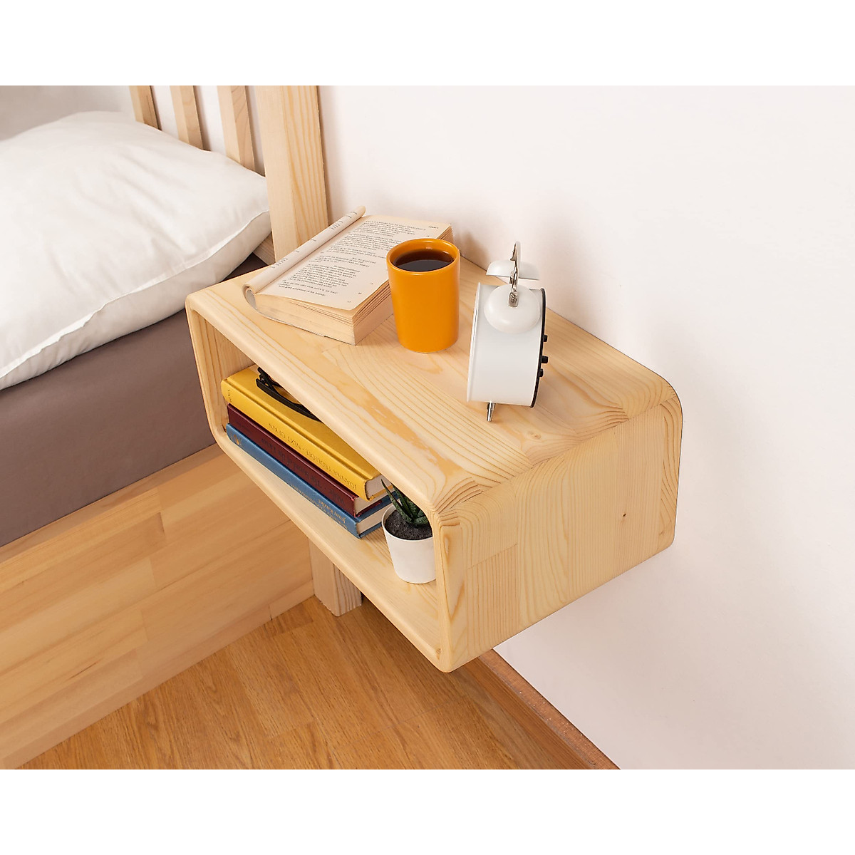 WOODCHES Floating Nightstand Wooden, Bedside Table, Nightstand Shelf, Handmade, Wall Mounted Bedside Shelf, Minimalist and Unique Style (Natural)