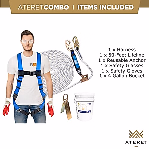 ATERET Bucket of Roof Harness Safety Kit, 50 ft. Vertical Lifeline Assembly, Reusable Anchor, 4 Gallons Bucket, Safety Harness Fall Protection Kit
