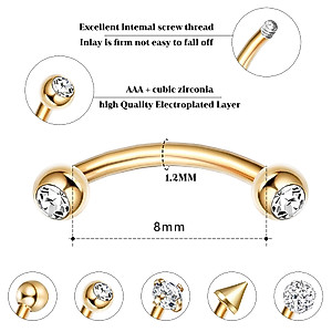 Drperfect 10Pcs 16G Rook Daith Earrings for Women Stainless Steel Belly Lip Ring Cartilage Tragus CZ Body Piercing Curved Barbell Eyebrow Rings 6-8mm