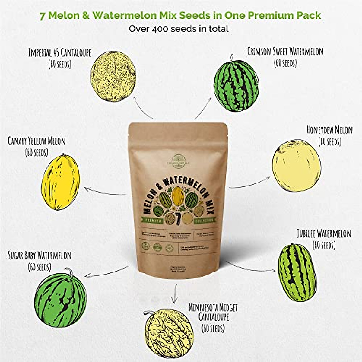 7 Melon & Watermelon Seeds Variety Pack for Planting Indoor & Outdoors 420+ Non-GMO Heirloom Fruit Garden Growing Seeds: Sugar Baby Watermelon, Canary & Honeydew Melon, Crimson Sweet Watermelon & More