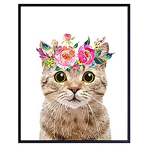 Tabby Cat Wall Decor - Cute Floral Wall Art, Room Decoration for Girls Bedroom, Kids Room, Living Room, Nursery - Gift for Kitty, Pussycat, Kitten, Cat Lovers, Women - Adorable Pink Girly Print