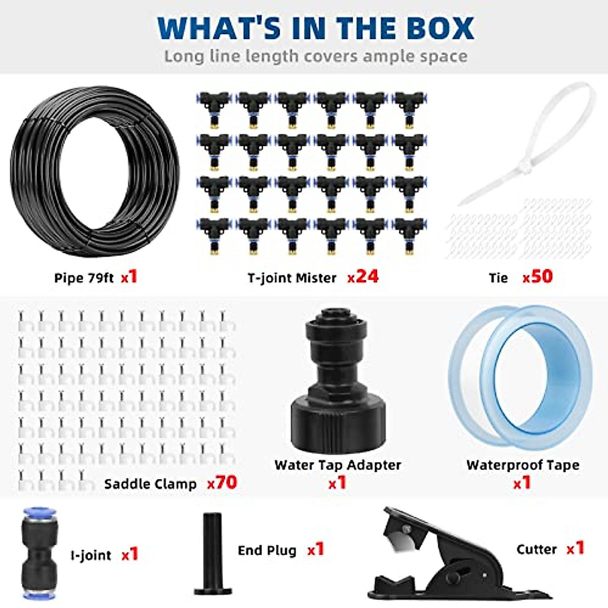 79FT 24M Misting Cooling System Misting Line + 24 Mist Nozzles + 1 Adapter Outdoor Water Mister Kit for Patio Greenhouse Garden Fan Trampoline Waterpark