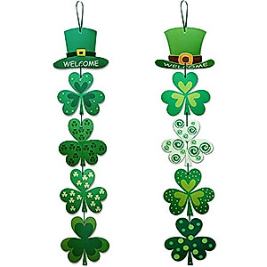 2 Sets St. Patrick's Day Decoration Sign Shamrock Clover Irish Green Front Door Hanging Garland Decor Welcome Sign for St. Patrick's Day Themed Party Favors