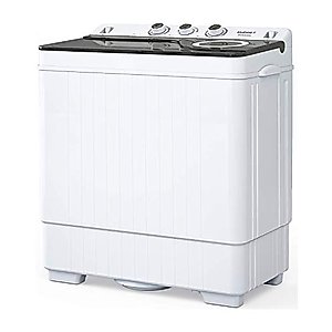 KUPPET Compact Twin Tub Portable Mini Washing Machine 26lbs Capacity, Washer(18lbs)&Spiner(8lbs)/Built-in Drain Pump/Semi-Automatic (White&Gray)