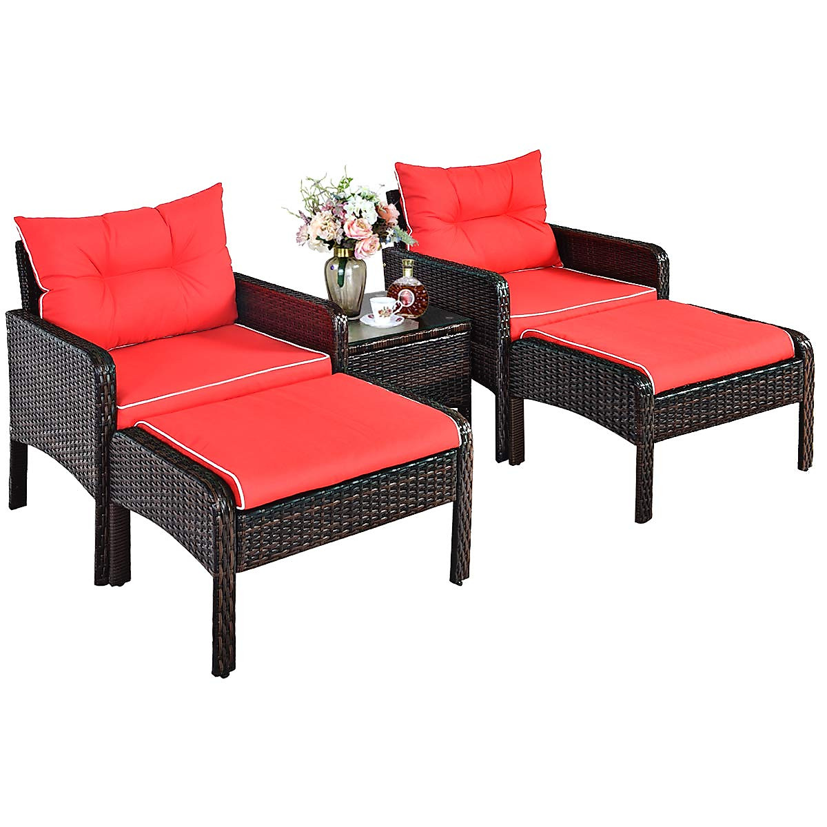 Tangkula Wicker Furniture Set 5 Pieces PE Wicker Rattan Outdoor All Weather Cushioned Sofas and Ottoman Set Lawn Pool Balcony Conversation Set Chat Set