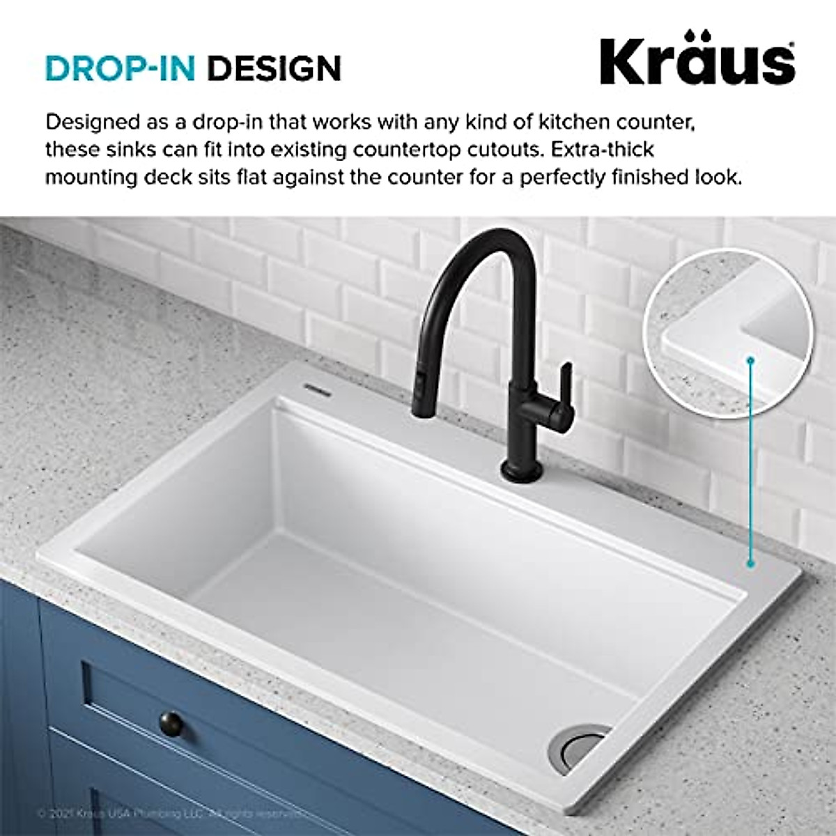 KRAUS Bellucci Workstation 33 in. Drop-In Granite Composite Single Bowl Kitchen Sink in White with Accessories with WasteGuard™ Continuous Feed Garbage Disposal, KGTW1-33WH-100-75MB