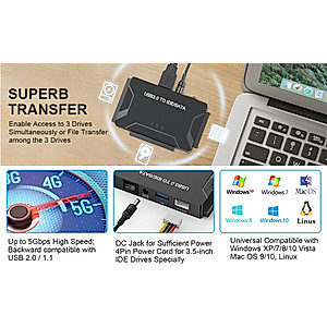 EYOOLD SATA IDE to USB 3.0 Adapter, External Hard Drive Reader USB + Type C Ultra Recovery Converter for Universal 2.5" 3.5" HDD/SSD CD/DVD Optical Drives