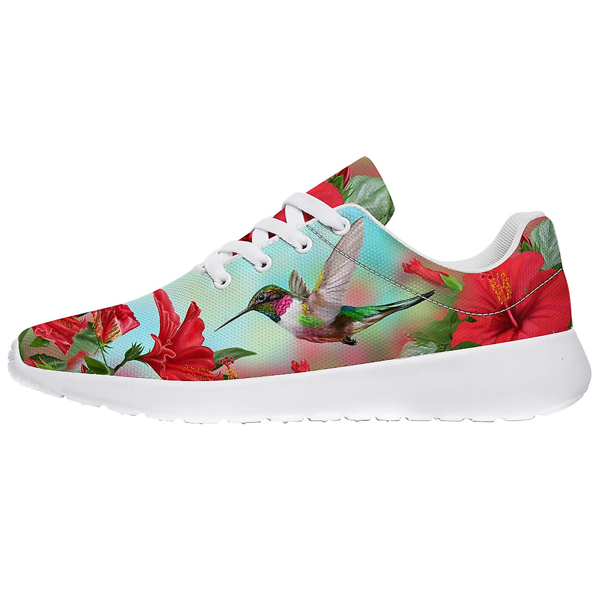 Hummingbird Shoes Girls Womens Running Shoes Tennis Walking Sneakers Red Tropical Flower Hibiscus Hummingbird Print Shoes Gifts for Friends,Size 3.5