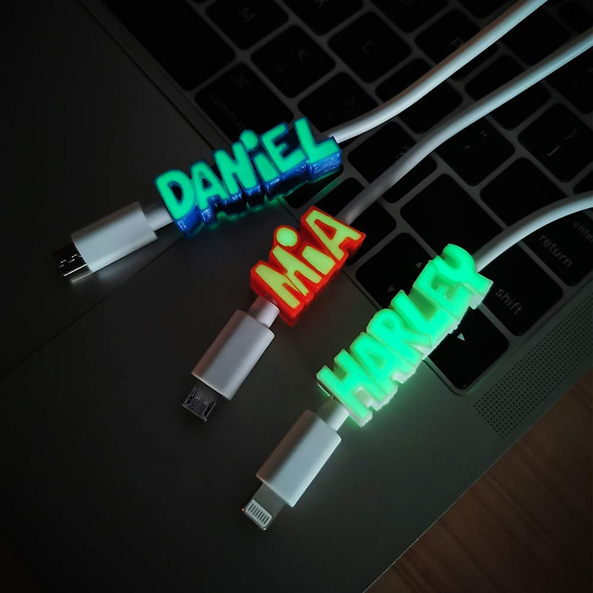 Getname Necklace USB Cable Personalized Glowing Name - for iPhone/Type C/Micro USB Port Adapter - Custom 3D Print Name Glow in The Dark Phone Charger