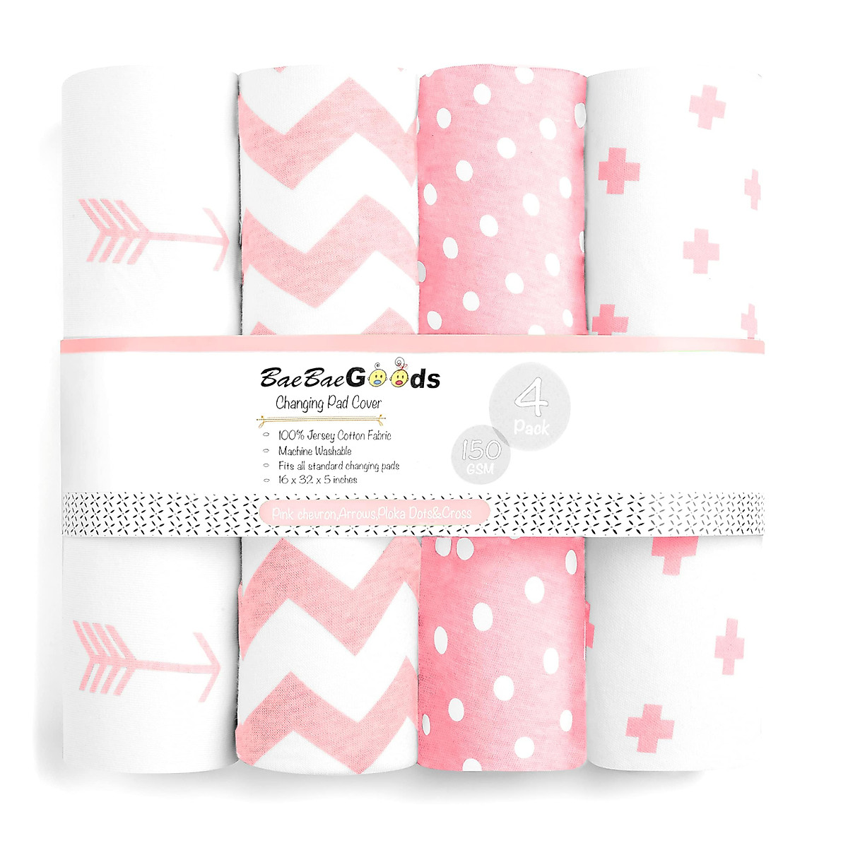 Changing Pad Cover – Baby Changing Pad Covers 4 Pack – Girls Changing Pad Cover Set – Pure Cotton Machine Washable Pink and White Changing Table Cover – Diaper Changing Pad Cover Sheets