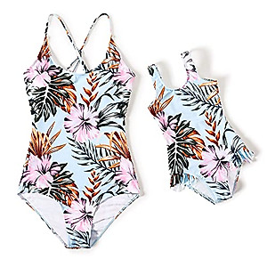 IFFEI Family Matching Swimsuits One Piece Monokini Set Floral Print Matching Swimwear Mommy and Me Bathing Suits Women's-Large Light Blue