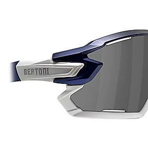 Bertoni Sport Sunglasses Cycling MTB Running Ski Golf Sport Sunglasses Cycling MTB Running Ski Golf Removable Sport Prescription Carrier Included mod. QUASAR (Blue-White/Blue Mirror)
